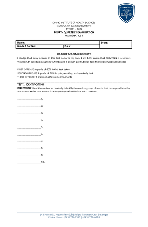 4th QE BAS-CAl - MATHEMATICS ACTIVITIES - DMMC INSTITUTE OF HEALTH ...