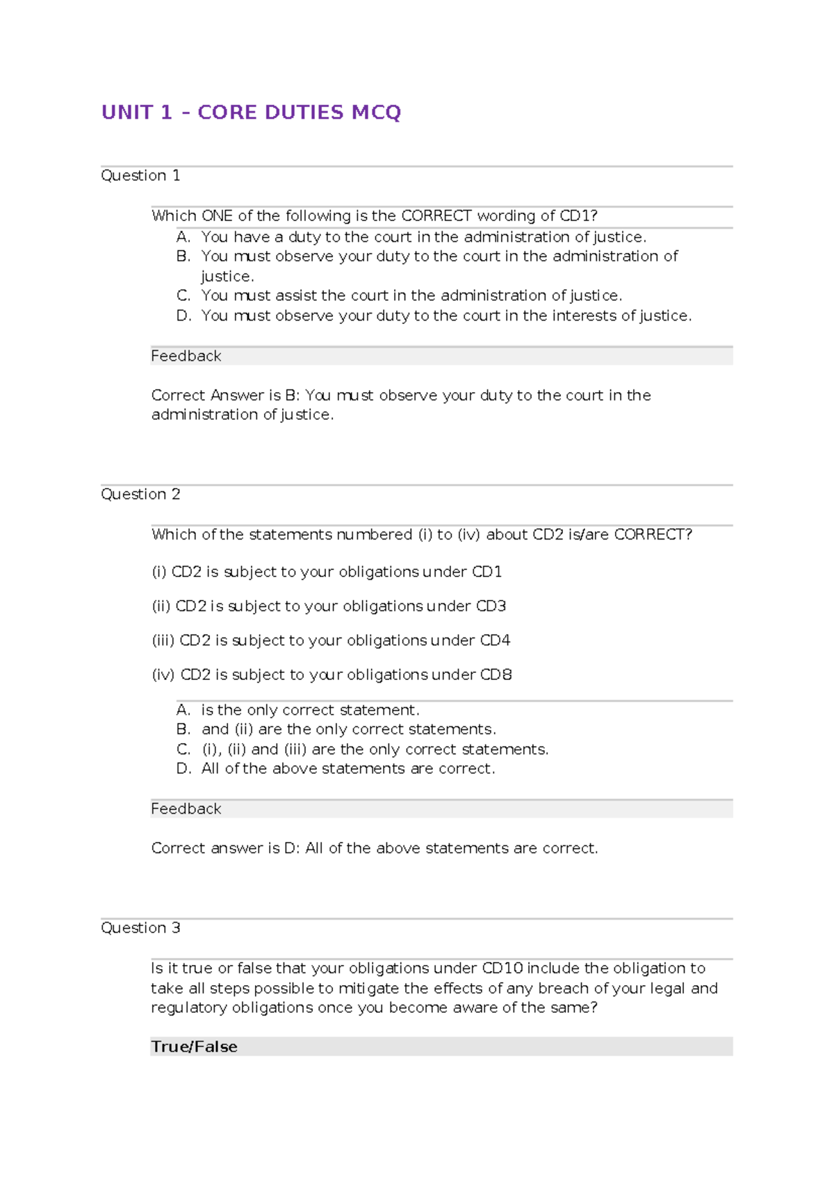 Core Duties MCQ - Q&A - UNIT 1 – CORE DUTIES MCQ Question 1 Which ONE of the following is the ...