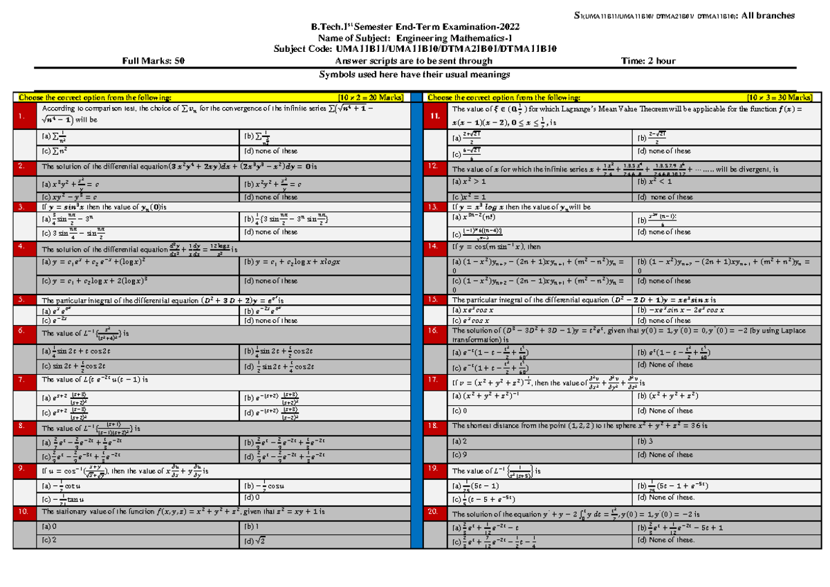 B. Tech 1st Sem Engg Maths - I 2022 - S1(UMA11B11/UMA11B10/ DTMA21B01 ...