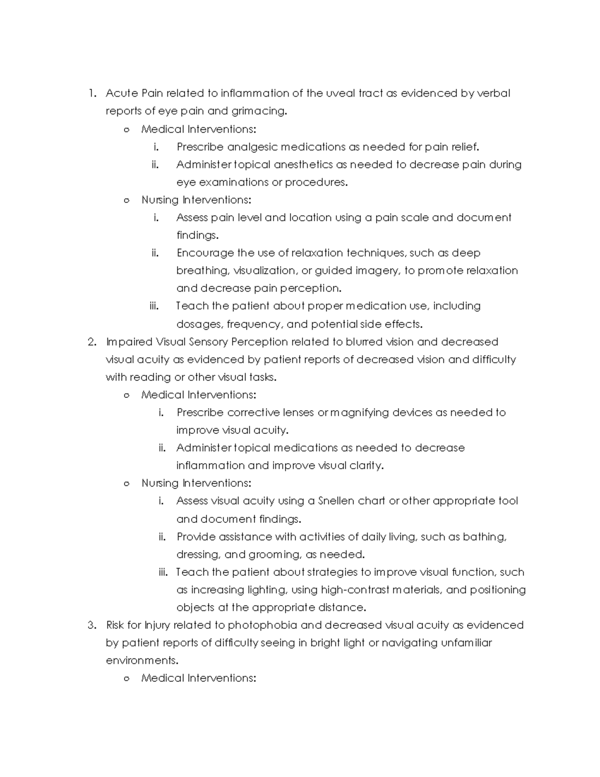 Nursing - Uveitis Nursing Diagnosis - Acute Pain related to ...