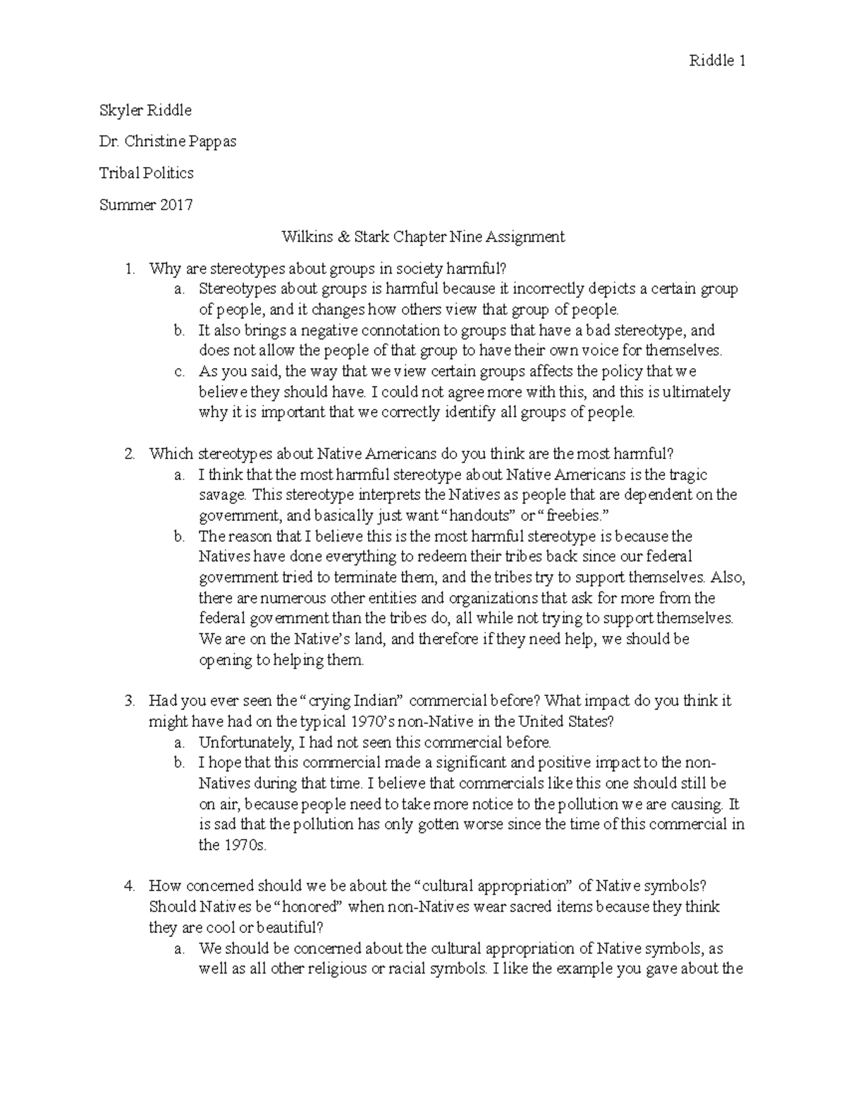 Tribal Politics Wilkins Ch 9 - Riddle 1 Skyler Riddle Dr. Christine ...