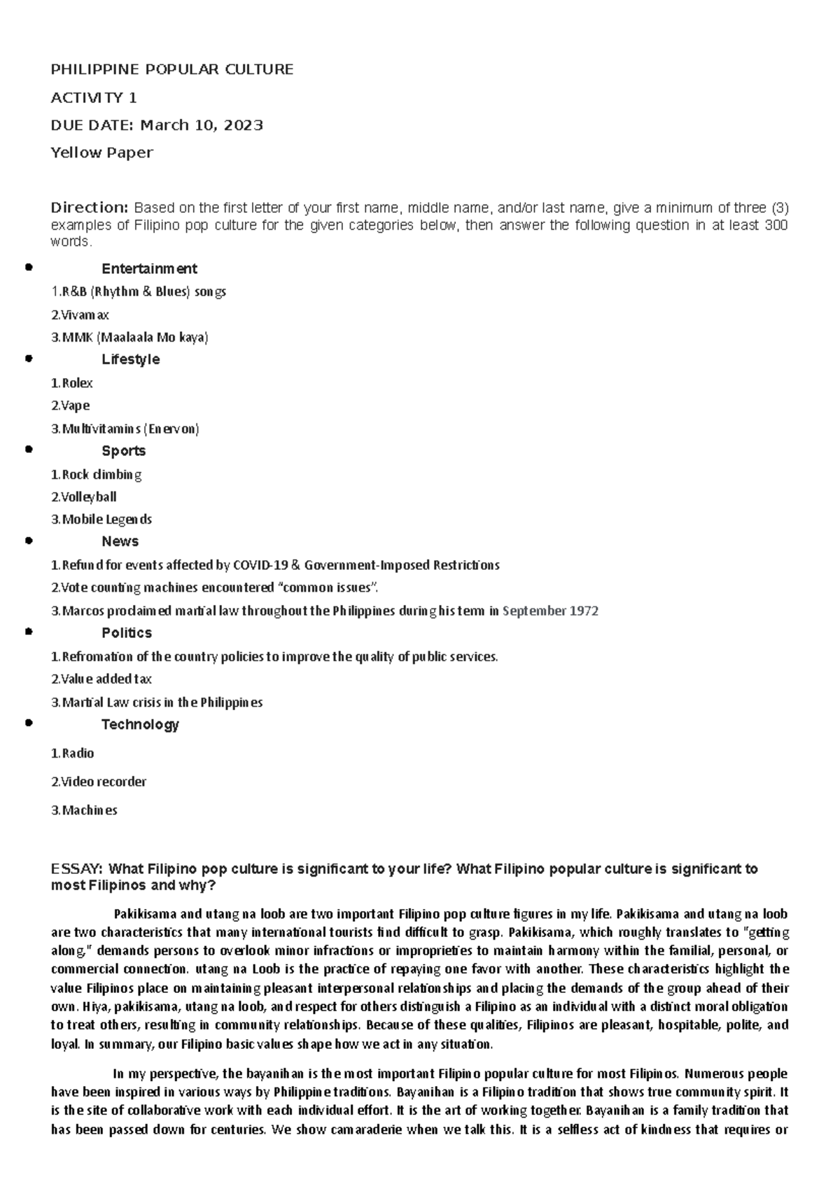 Philippine Popular Culture activity 1 - PHILIPPINE POPULAR CULTURE ...