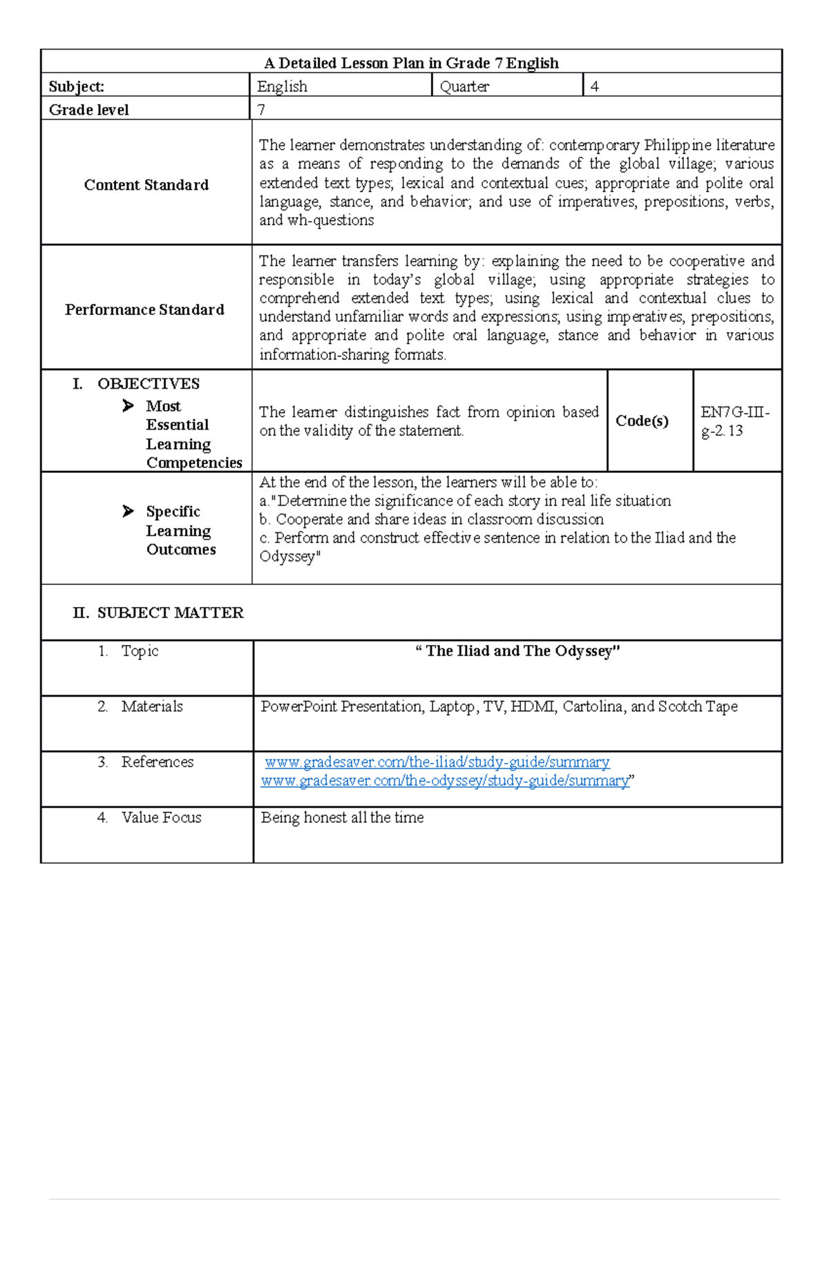 LP for myth - I hope can help you - A Detailed Lesson Plan in Grade 7 ...