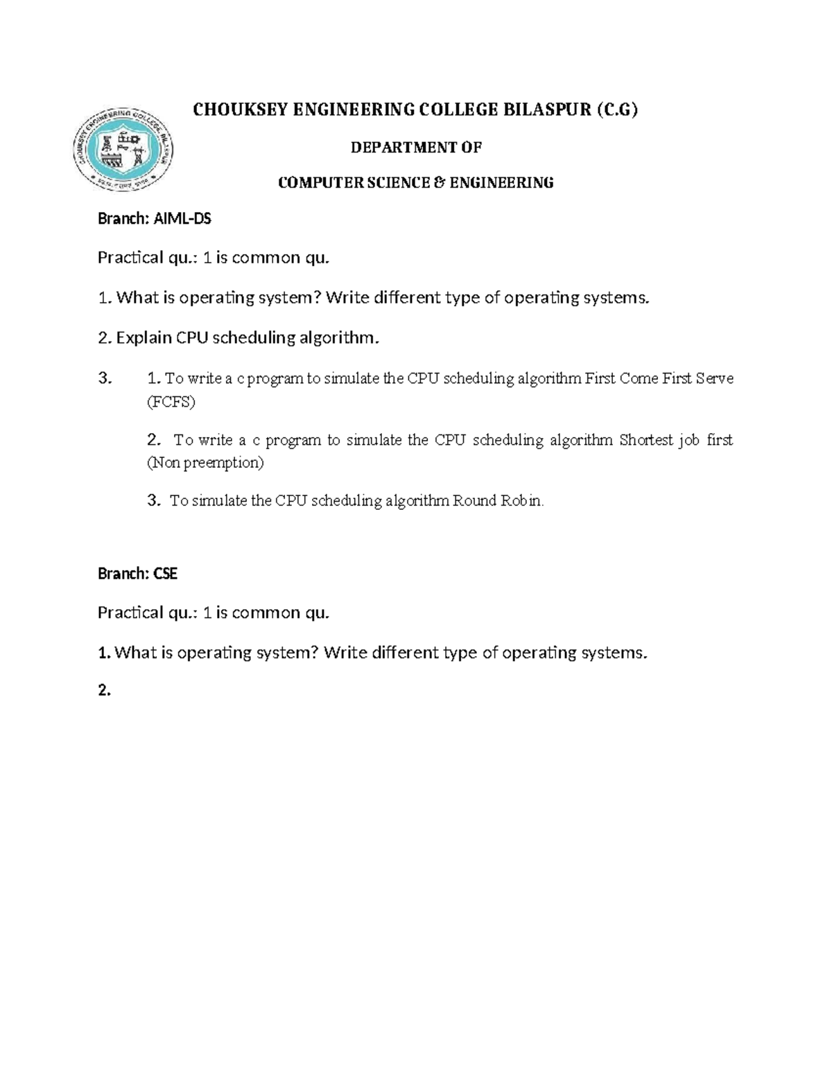 CSE Practical - assignments for students - CHOUKSEY ENGINEERING COLLEGE BILASPUR (C) DEPARTMENT ...