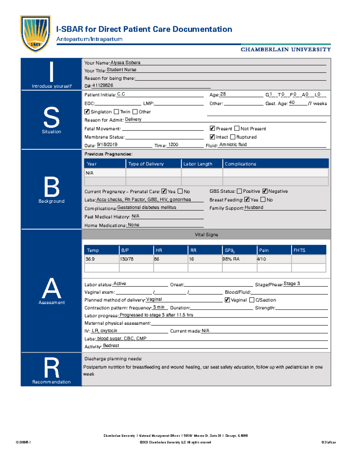 Isbar Prenatal and Newborn Care - 12-200085 ©2021 Chamberlain ...