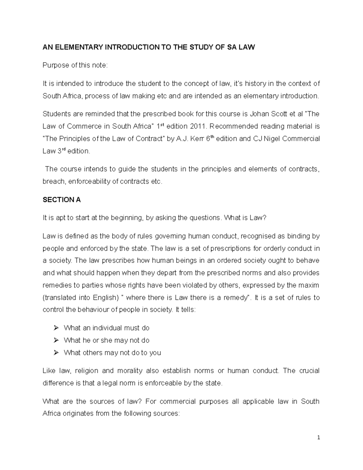 Comm Law 1A notes - AN ELEMENTARY INTRODUCTION TO THE STUDY OF SA LAW ...