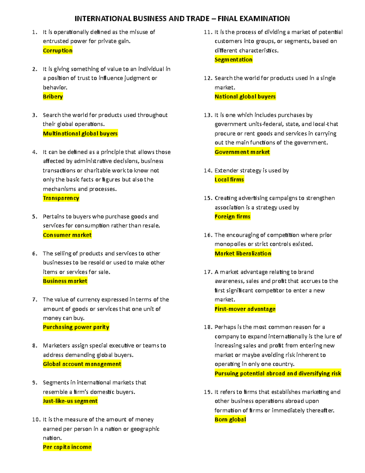 IBT- Finals EXAM - problems with solutions - INTERNATIONAL BUSINESS AND ...