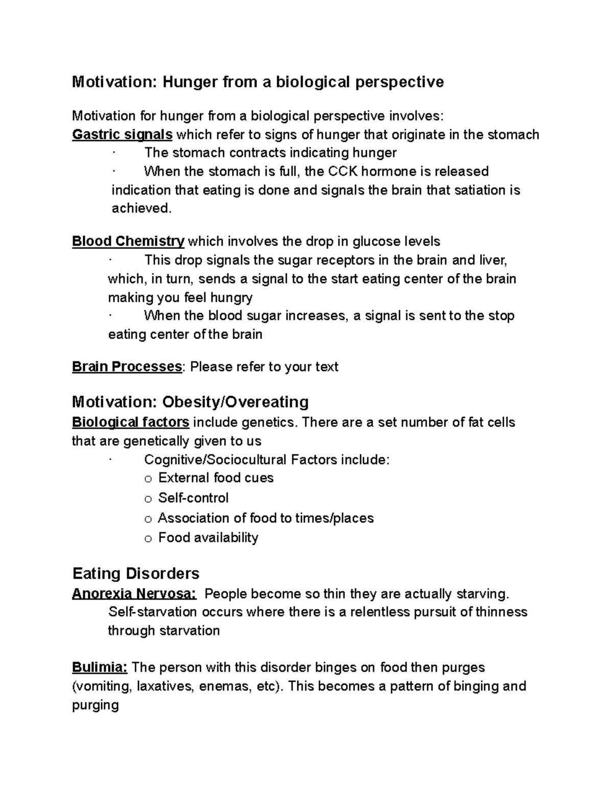 Motivation study guide - Motivation: Hunger from a biological ...