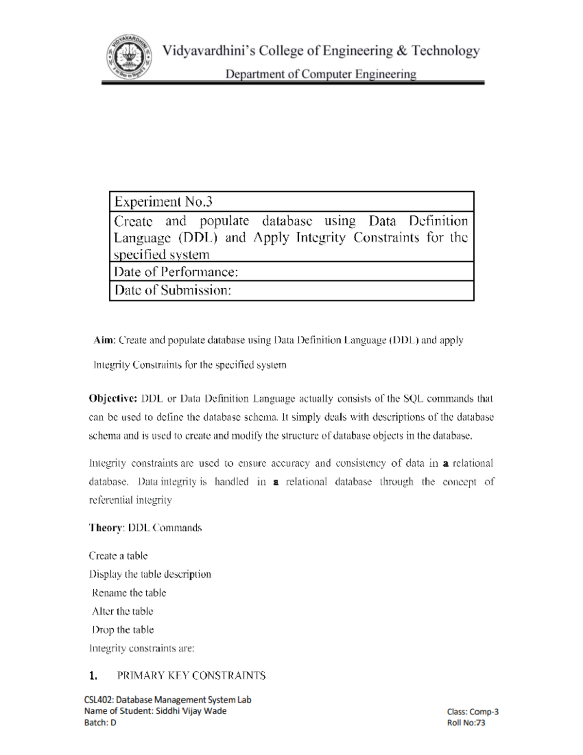 Dbms Exp3 - experiments - Database Management System - Studocu