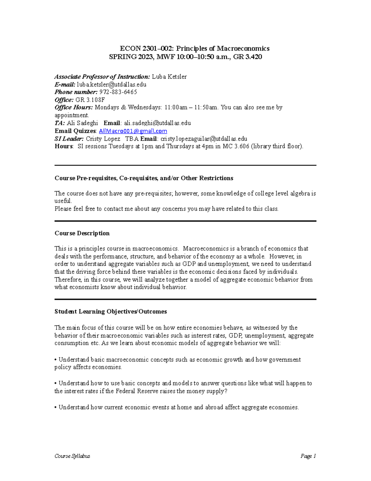 Syllabus Macro 002 2022 Econ 2301002 Principles Of Macroeconomics Spring 2023 Mwf 100010
