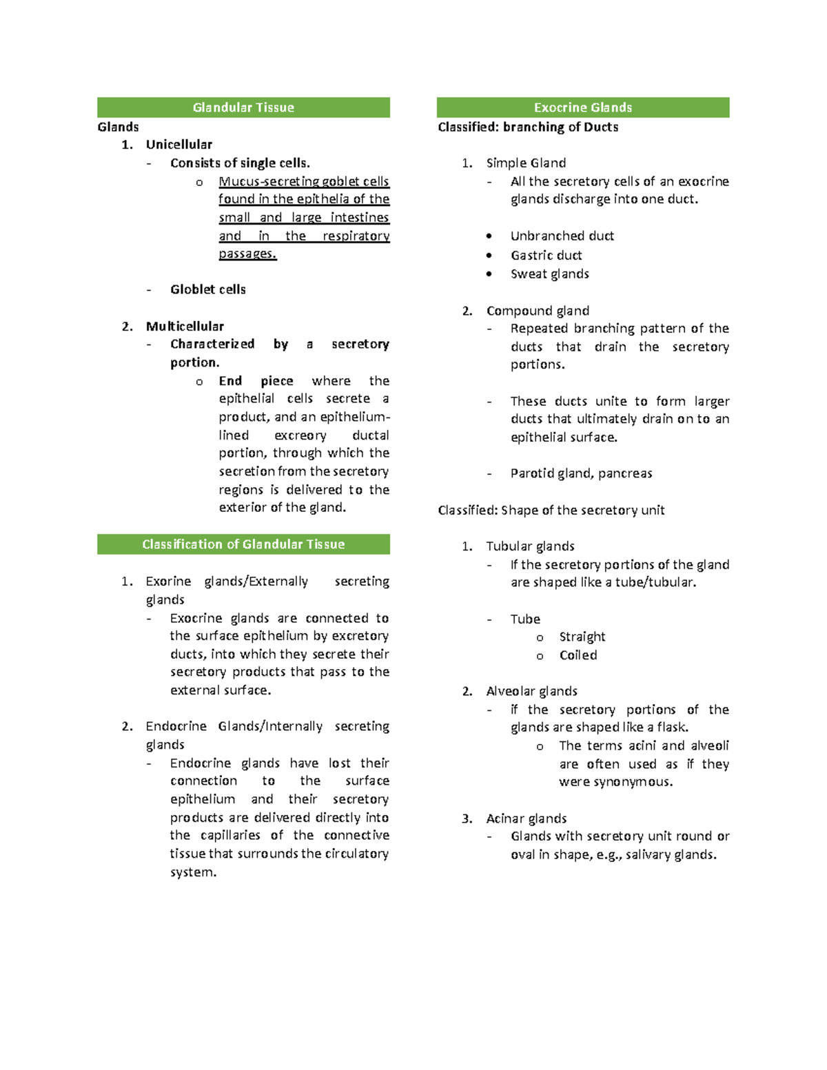 Histology Lec Reviewer (2nd Sem) - Glandular Tissue Glands Unicellular ...
