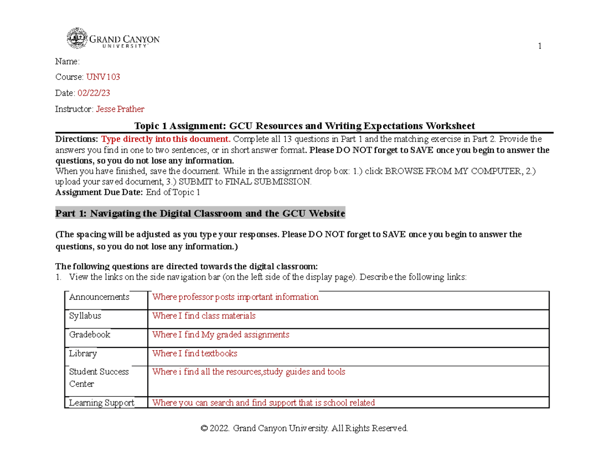 UNV-103-RS-T1-Resources Worksheet-Online (1) (1) - Name: Course: UNV ...