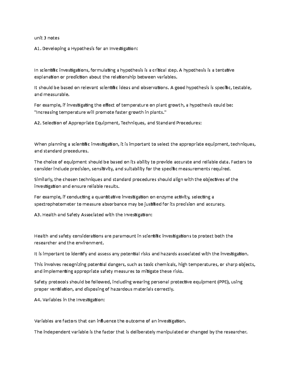 Unit 3 notes - betc applied science exam - unit 3 notes A1. Developing ...