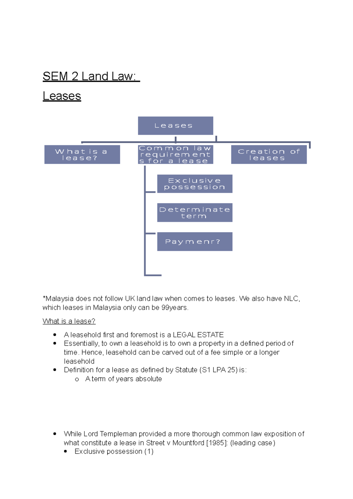 Note for sem 2 - law for uk - SEM 2 Land Law: Leases *Malaysia does not ...