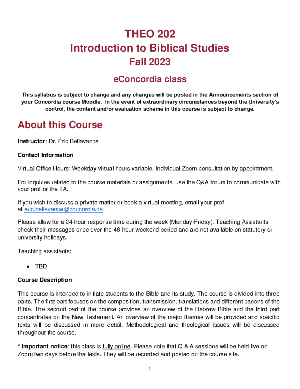 THEO 202 Course Outline - THEO 202 Introduction to Biblical Studies Fall 2023 eConcordia class ...