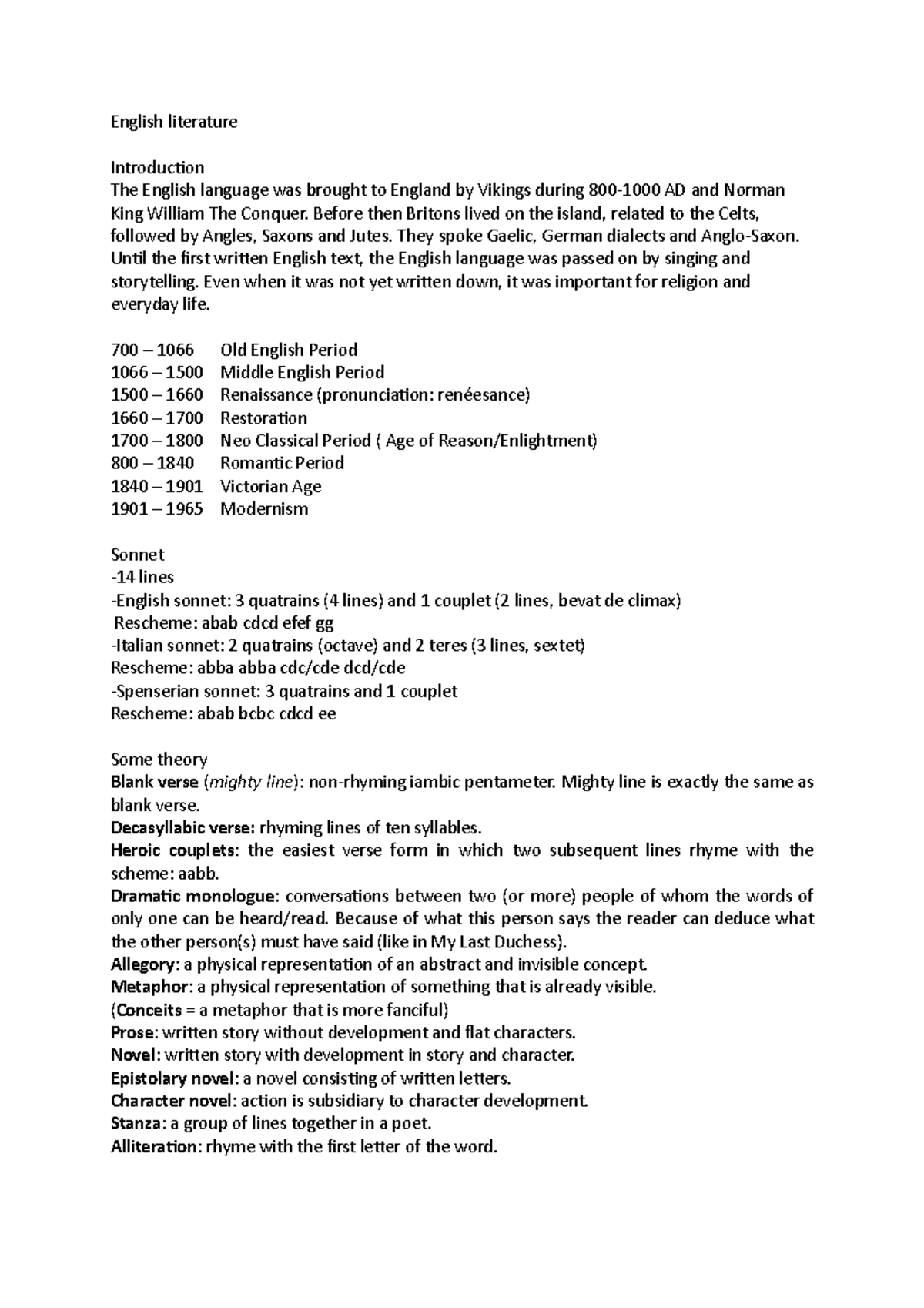 English literature - aantekeningen engelse literatuur - English ...