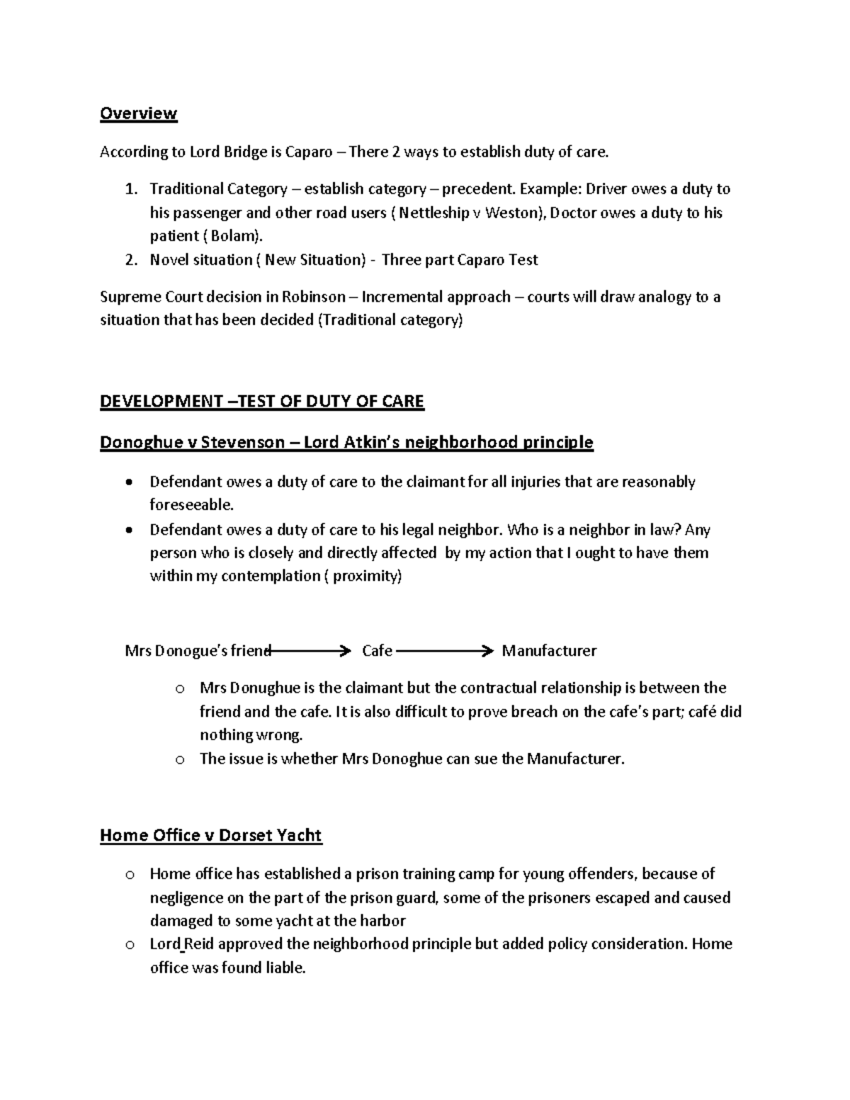 1. Duty of Care - notes - Overview According to Lord Bridge is Caparo ...