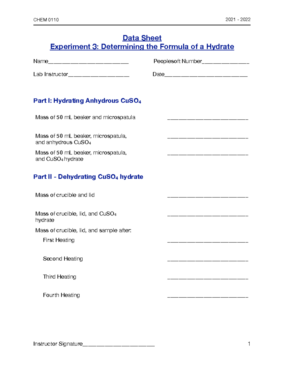 C0110 expt3 datasheets - Data Sheet Experiment 3: Determining the ...