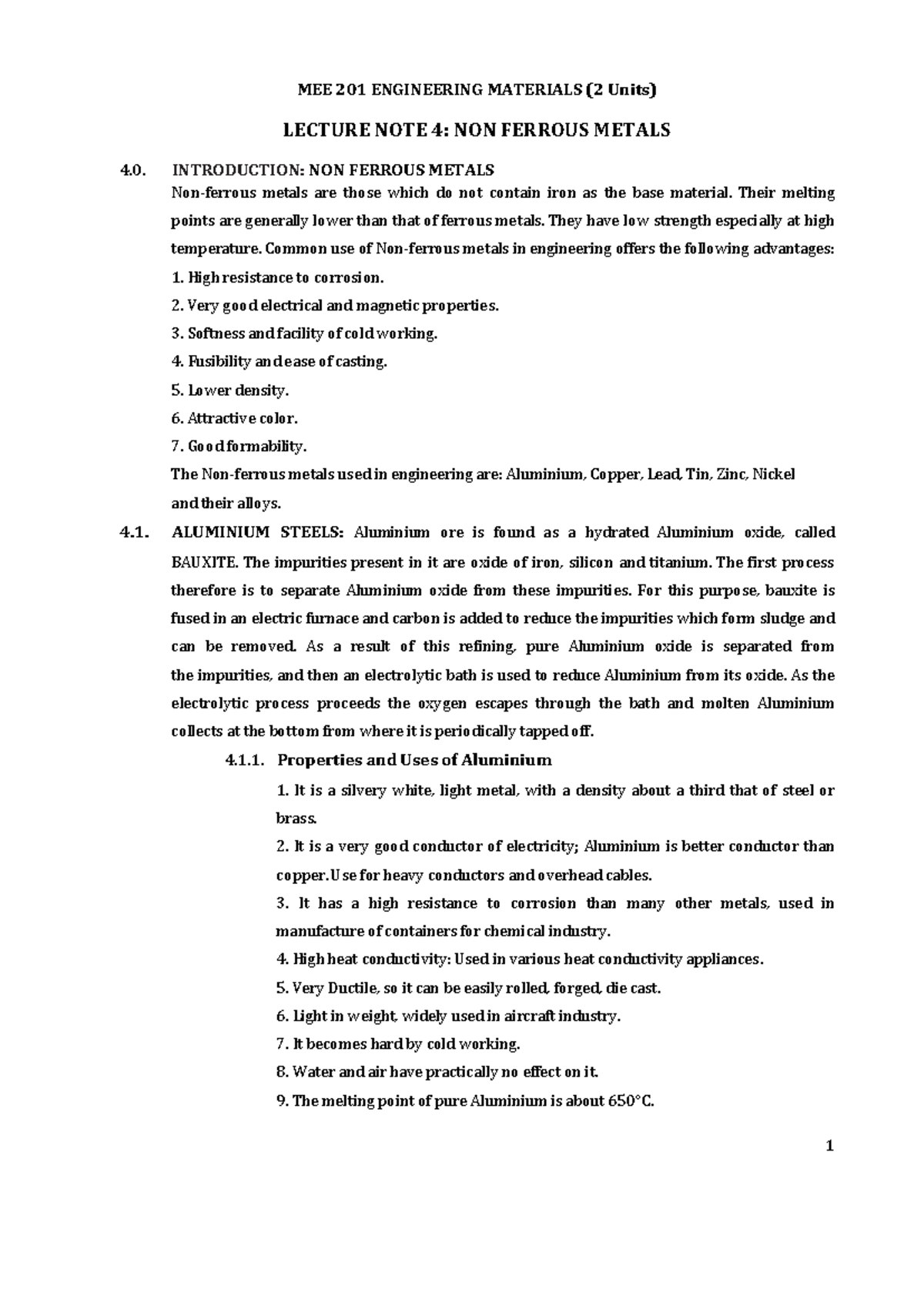 MEE 201 Lecture NOTE 4 - Materials - MEE 201 ENGINEERING MATERIALS (2 ...