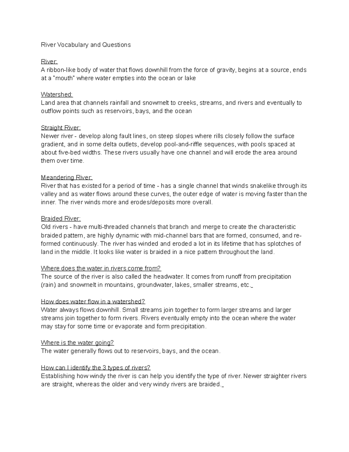 River Vocabulary and Questions - River Vocabulary and Questions River ...