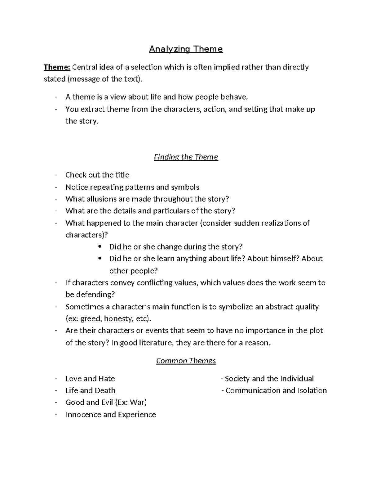Analyzing Theme - Analyzing Theme Theme: Central idea of a selection ...