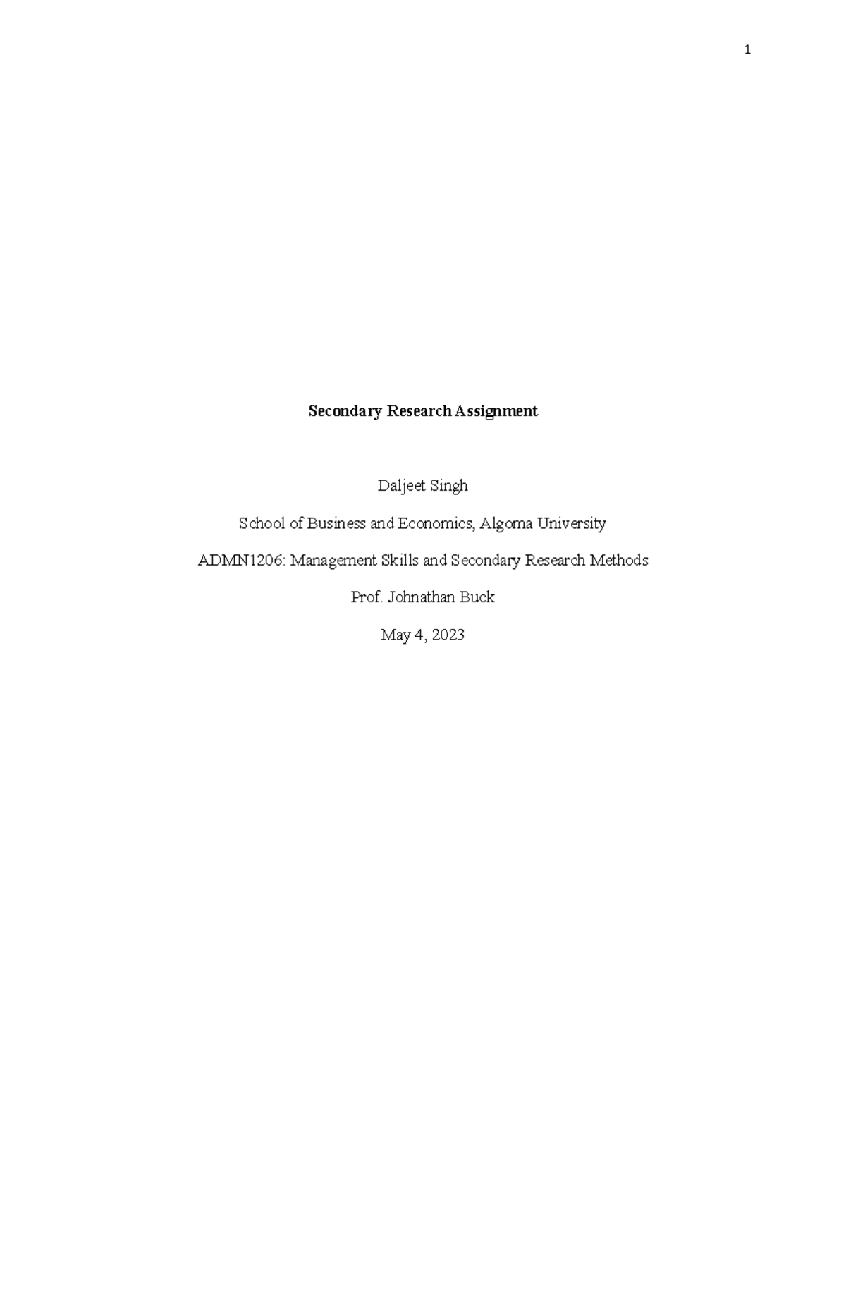 Secondary Research Assignment 1 - 1 Secondary Research Assignment ...