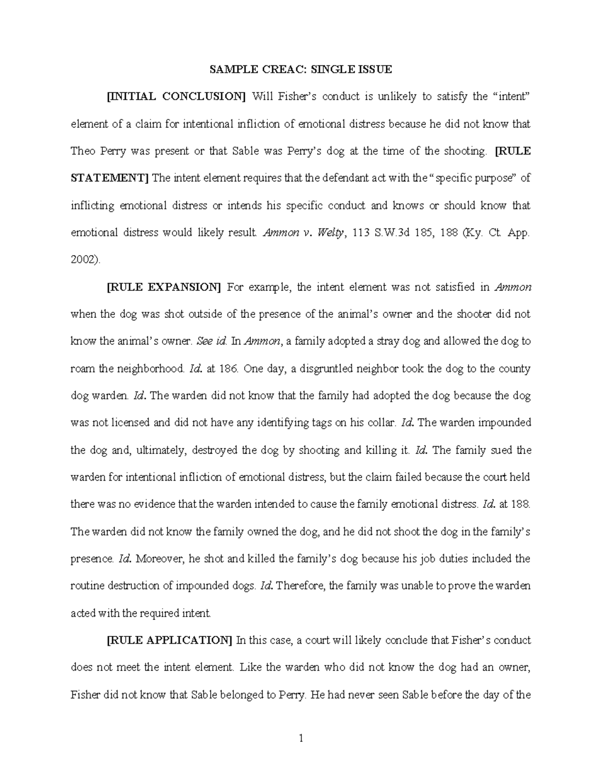 Sample Creac for Sneed - SAMPLE CREAC: SINGLE ISSUE [INITIAL CONCLUSION ...