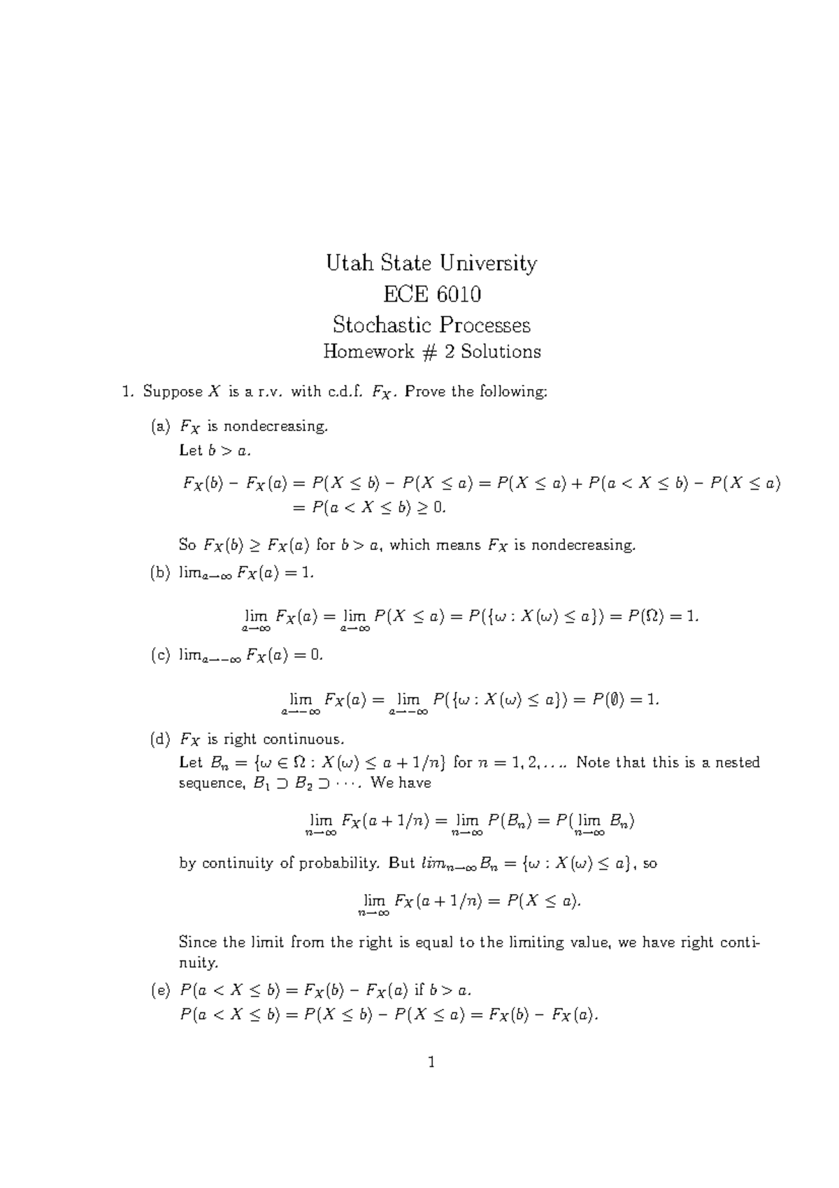 Homework 2 Solutions Spring 2006 Utah State University Ece 6010 Stochastic Processes
