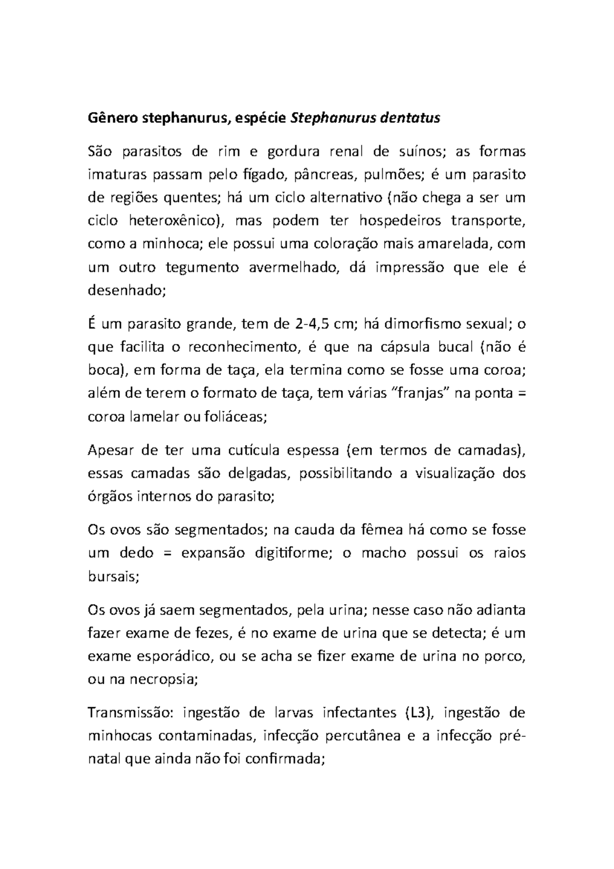 Gênero stephanurus e Ordem spiruridea - Gênero stephanurus, espécie ...