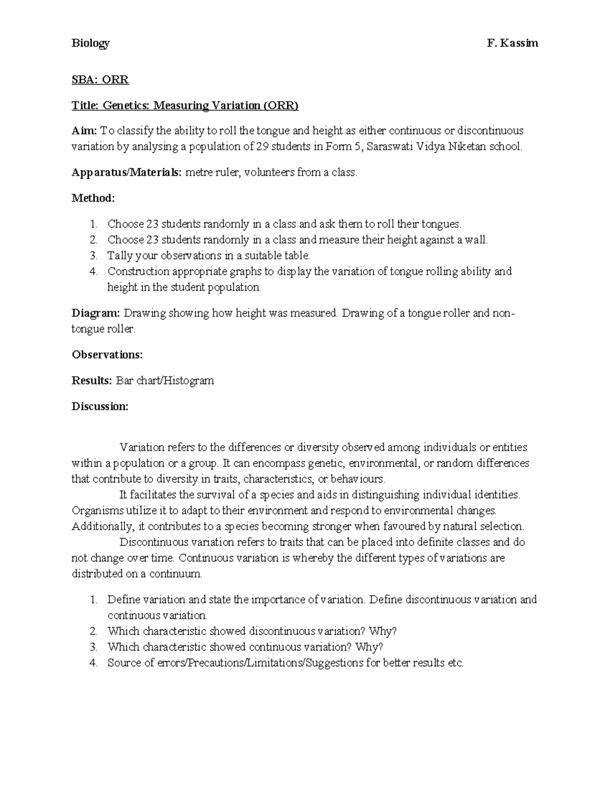 SBA 13 - Variation - ... - Biology F. Kassim SBA: ORR Title: Genetics ...