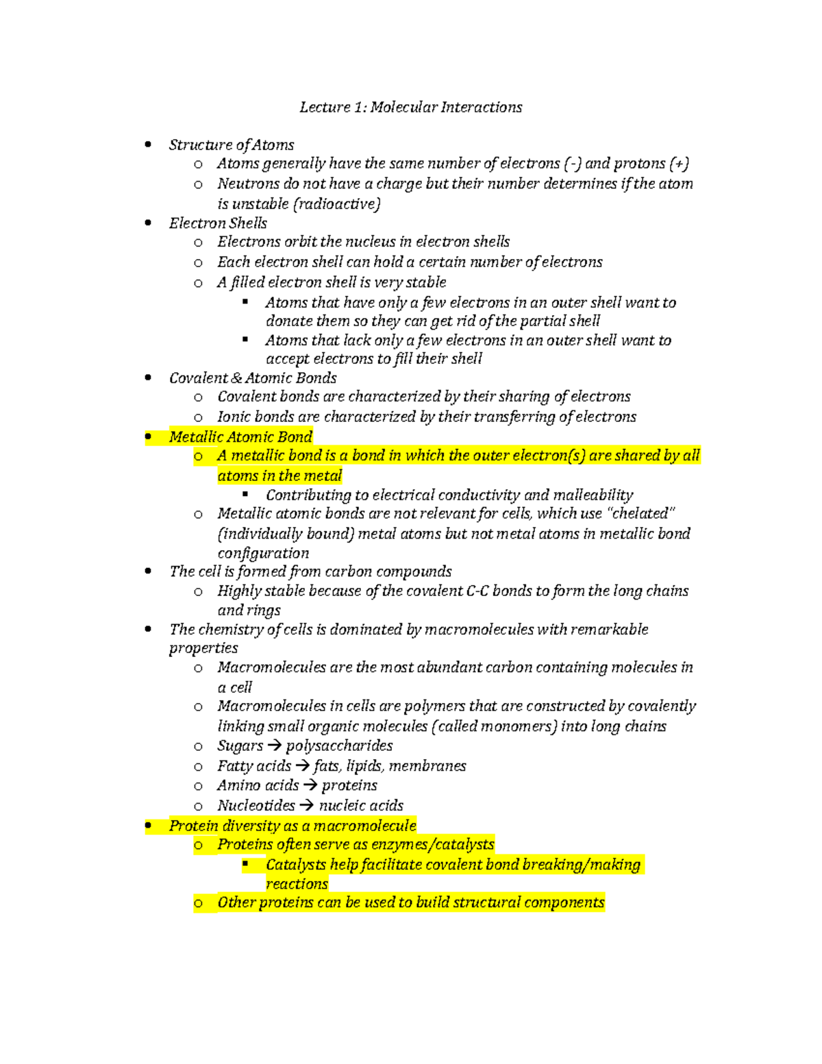 CBIO lecture 1-2 - Lecture 1: Molecular Interactions Structure of Atoms ...