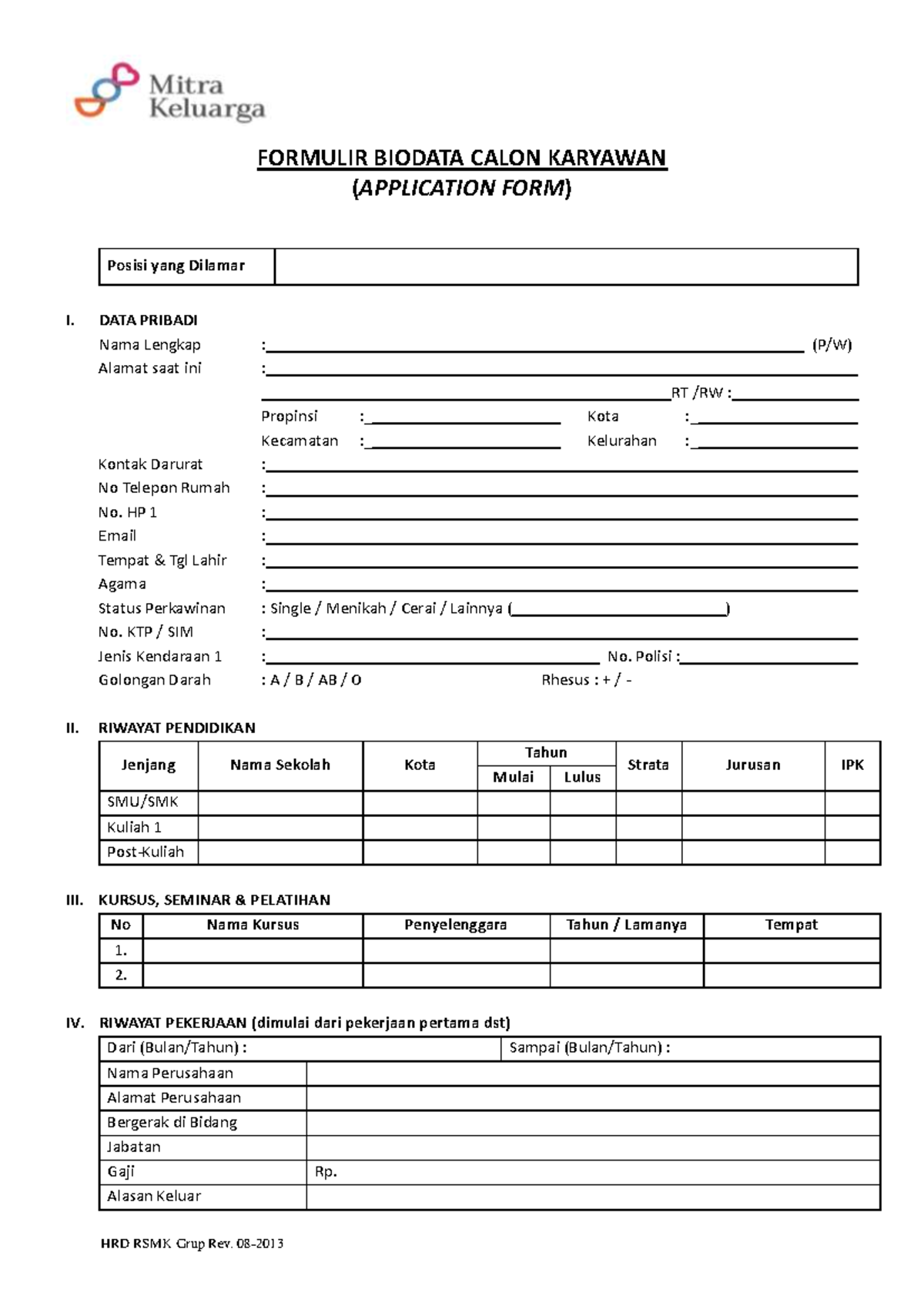 Application Form Aplication Form Hrd Rsmk Grup Rev 08 Formulir