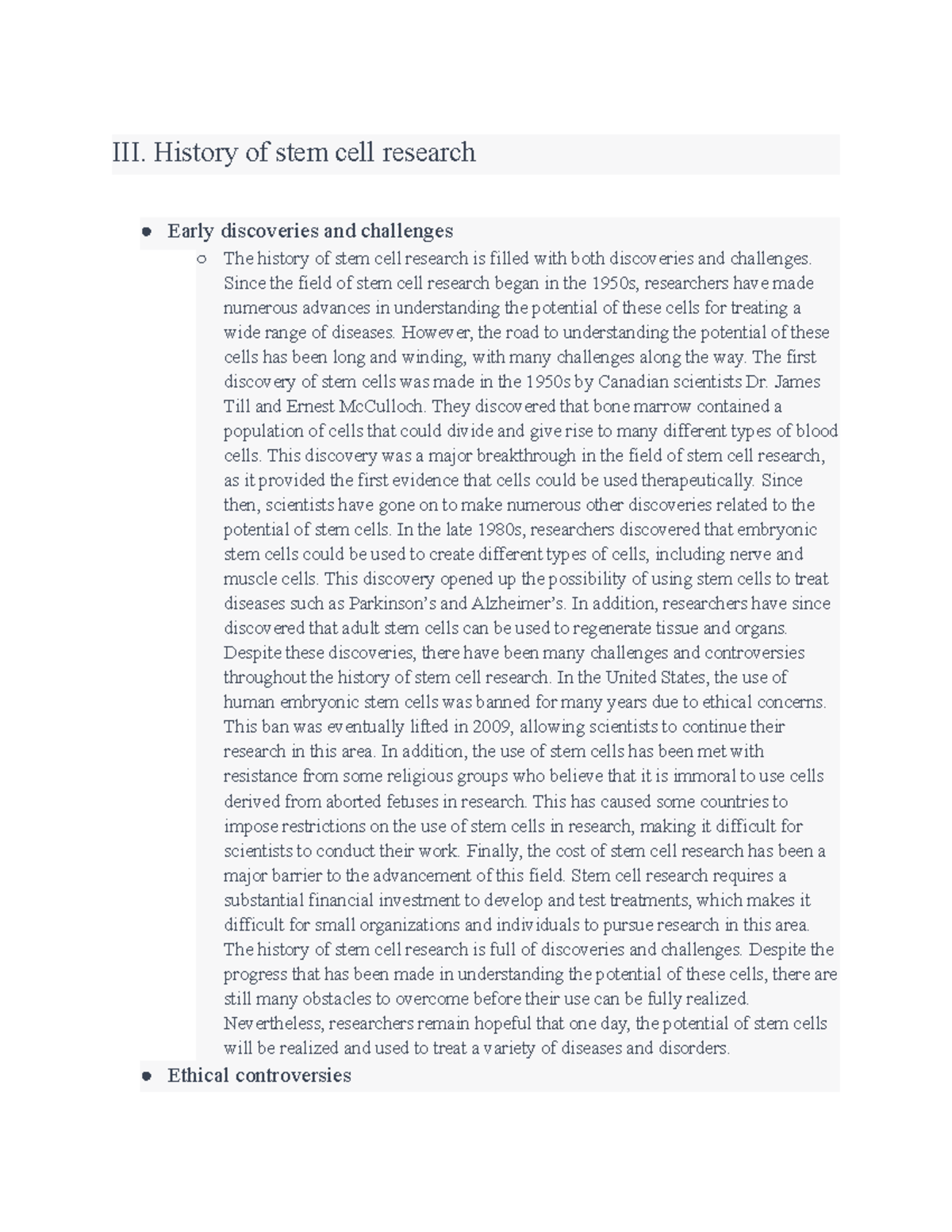 Histoy and uses of stem cells - III. History of stem cell research ...