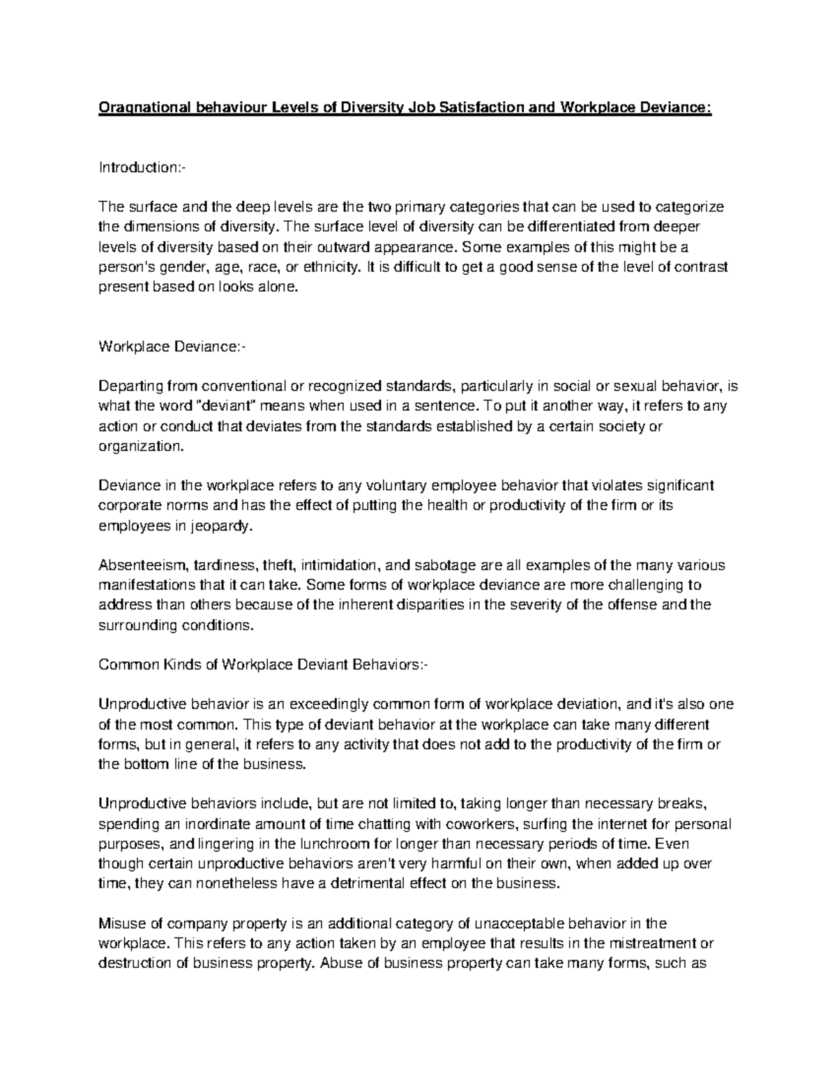 Levels of Diversity Job Satisfaction and Workplace Deviance ...