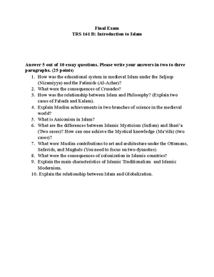 Islam writing assignment #3 - Selasie Senanu November 1, Islam TRS-161 ...