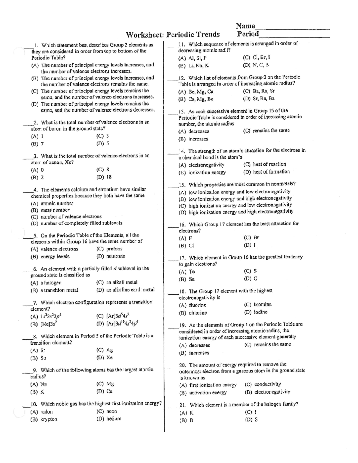 Worksheet periodic trends - CHEM 1073 - Studocu