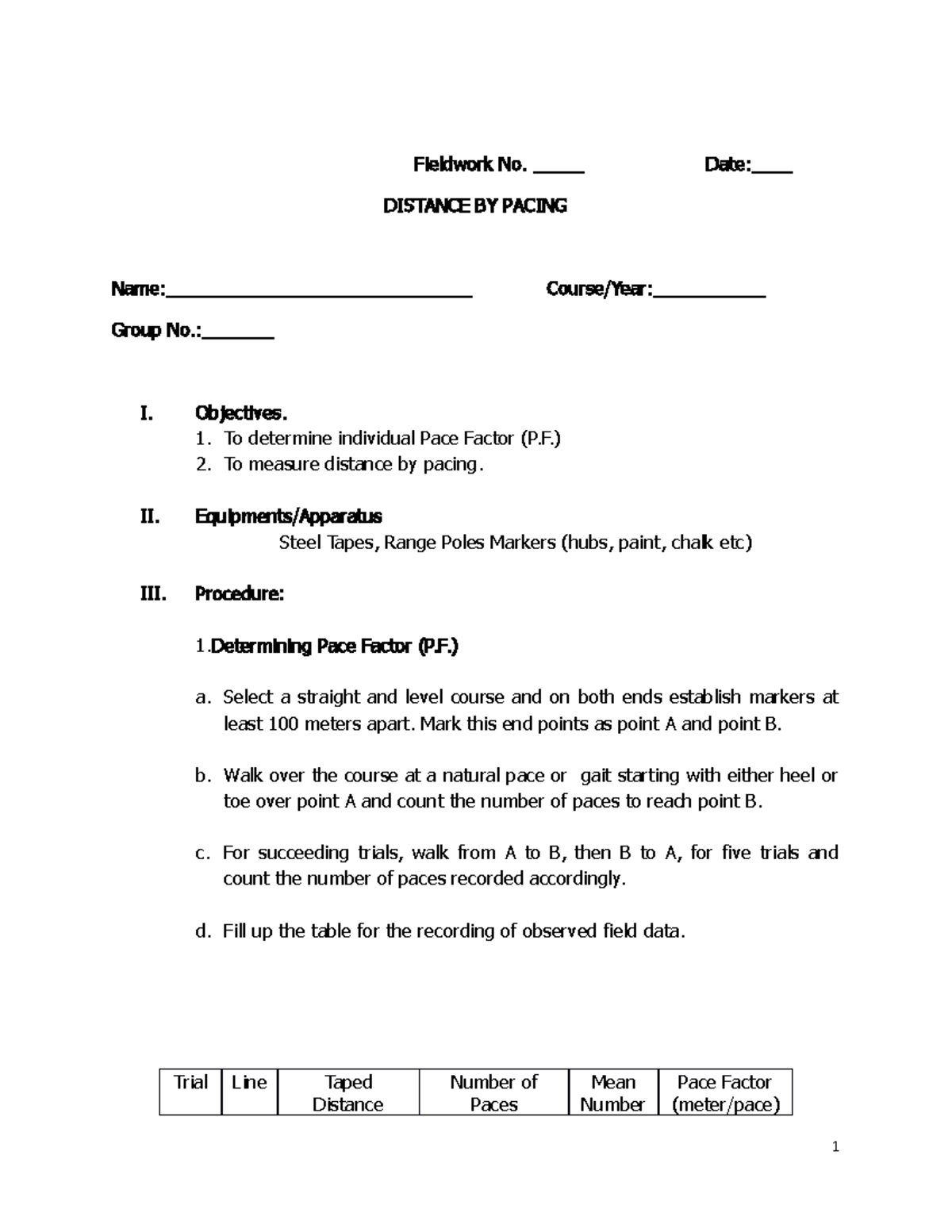 Distance-by-Pacing - surveying 1 - Fieldwork No. _____ Date ...