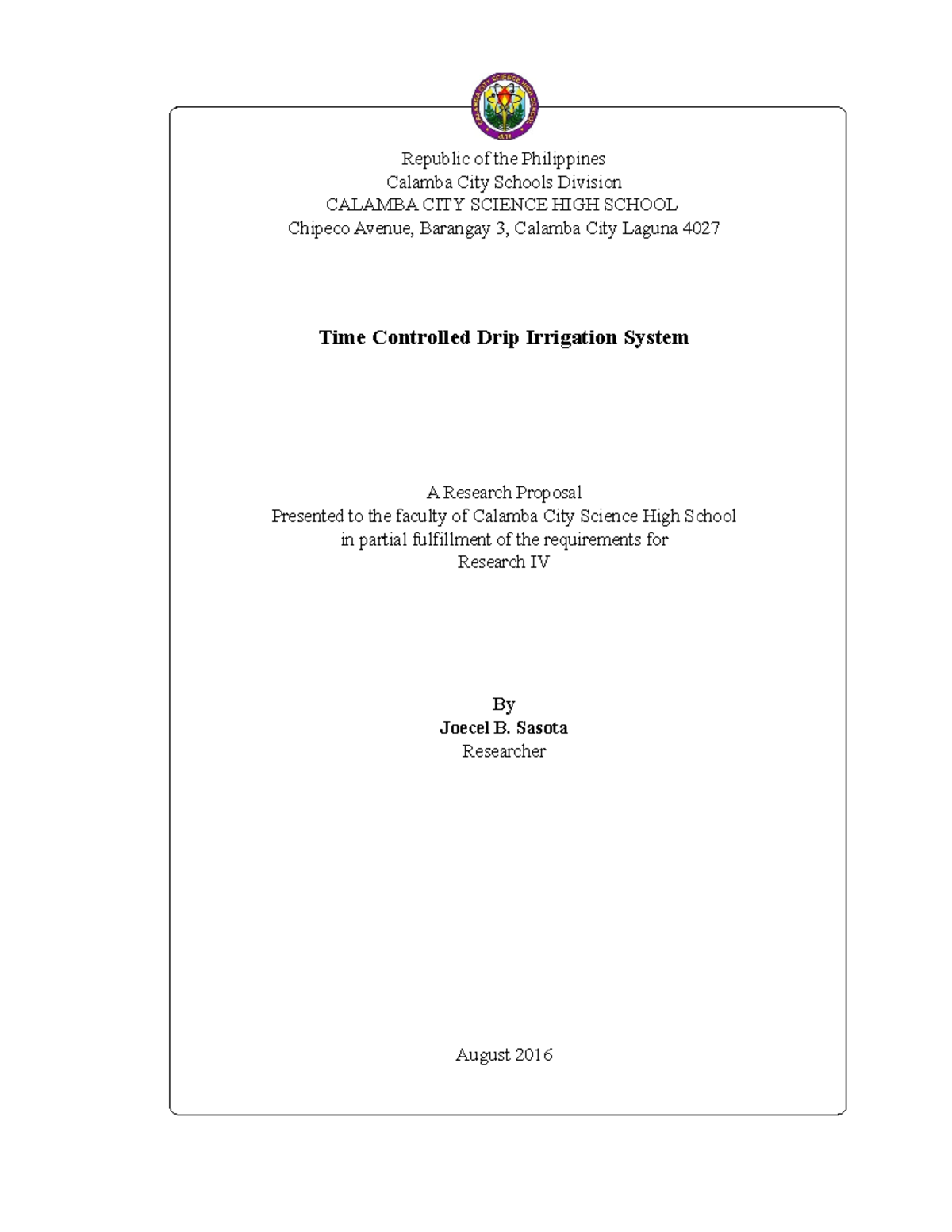 Time Controlled Drip Irrigation System R - Republic of the Philippines ...