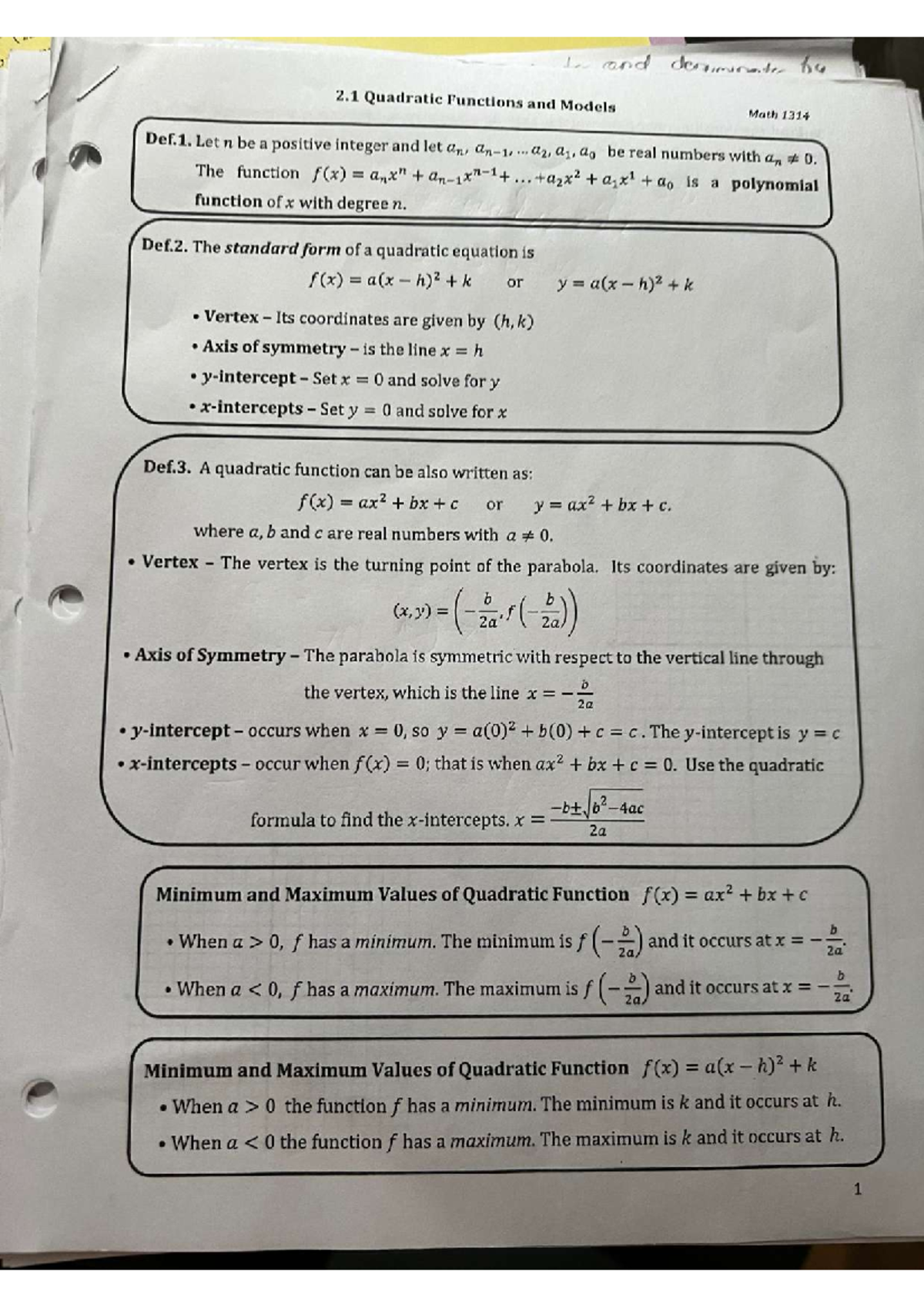 Quadratic functions and models explanaition - MATH 1314 - Studocu