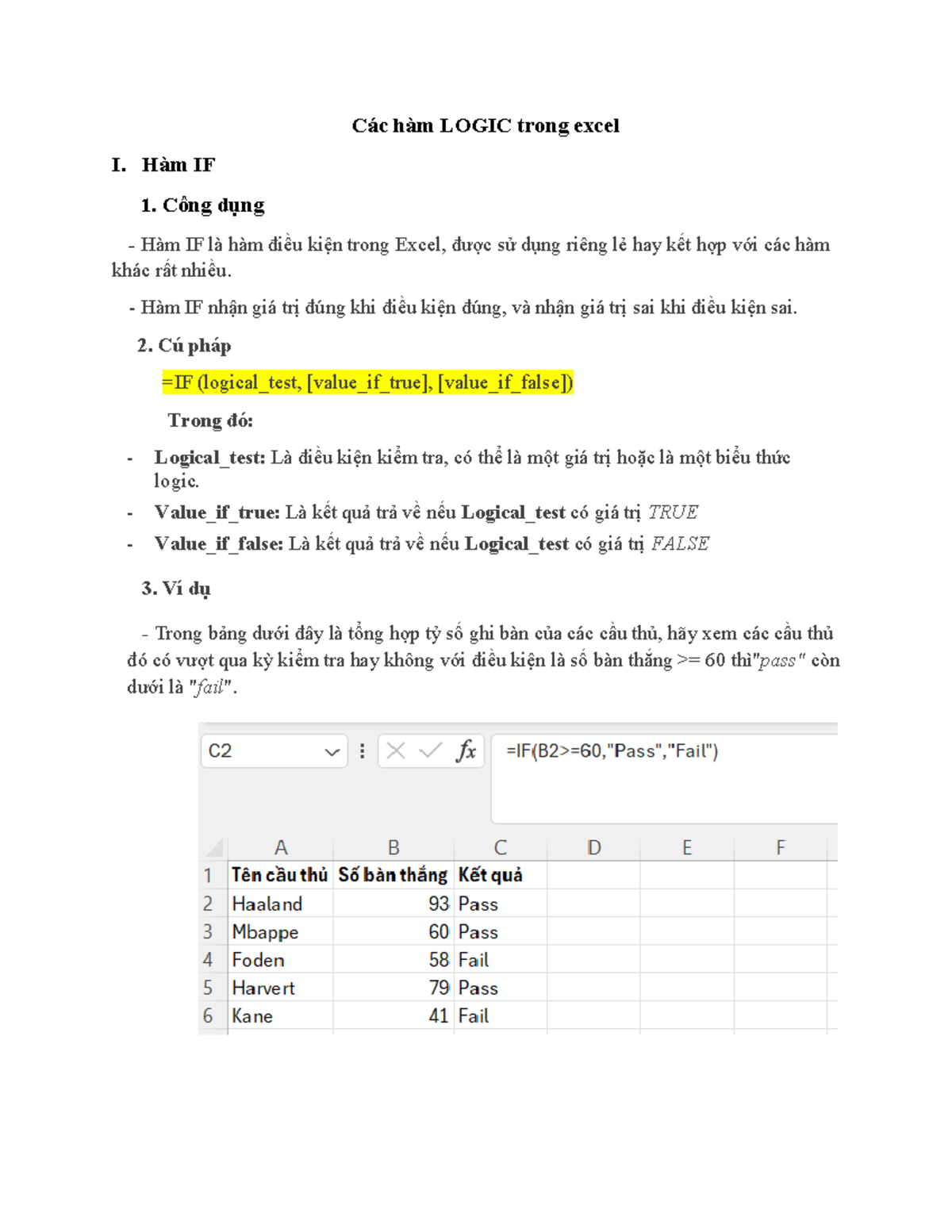 Các Hàm Logic Trong Excel Các Hàm Logic Trong Excel I Hàm If 1 Công Dụng Hàm If Là Hàm