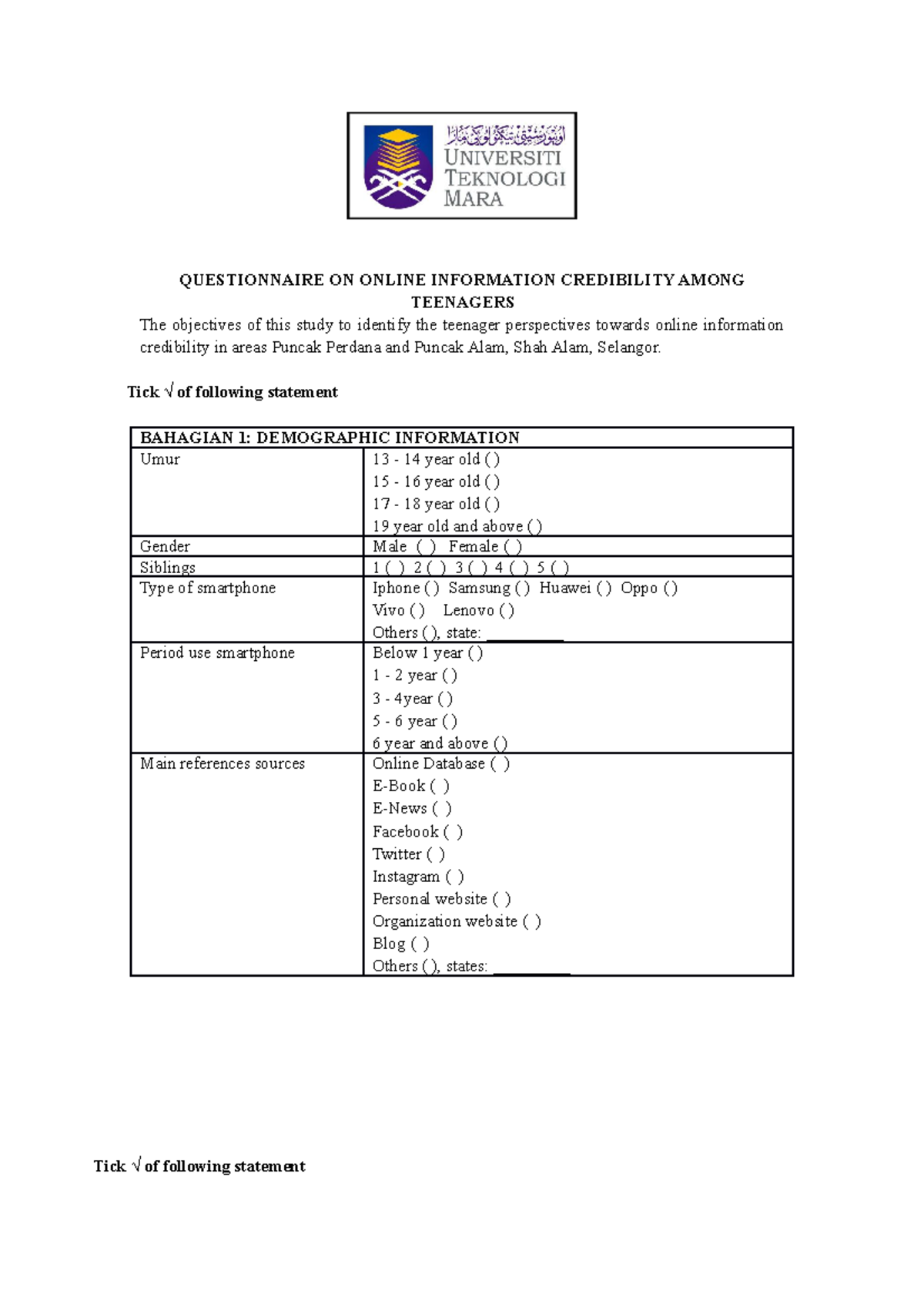 [Exercise 2] Sample Questionnaire Info Credibility - Database ...