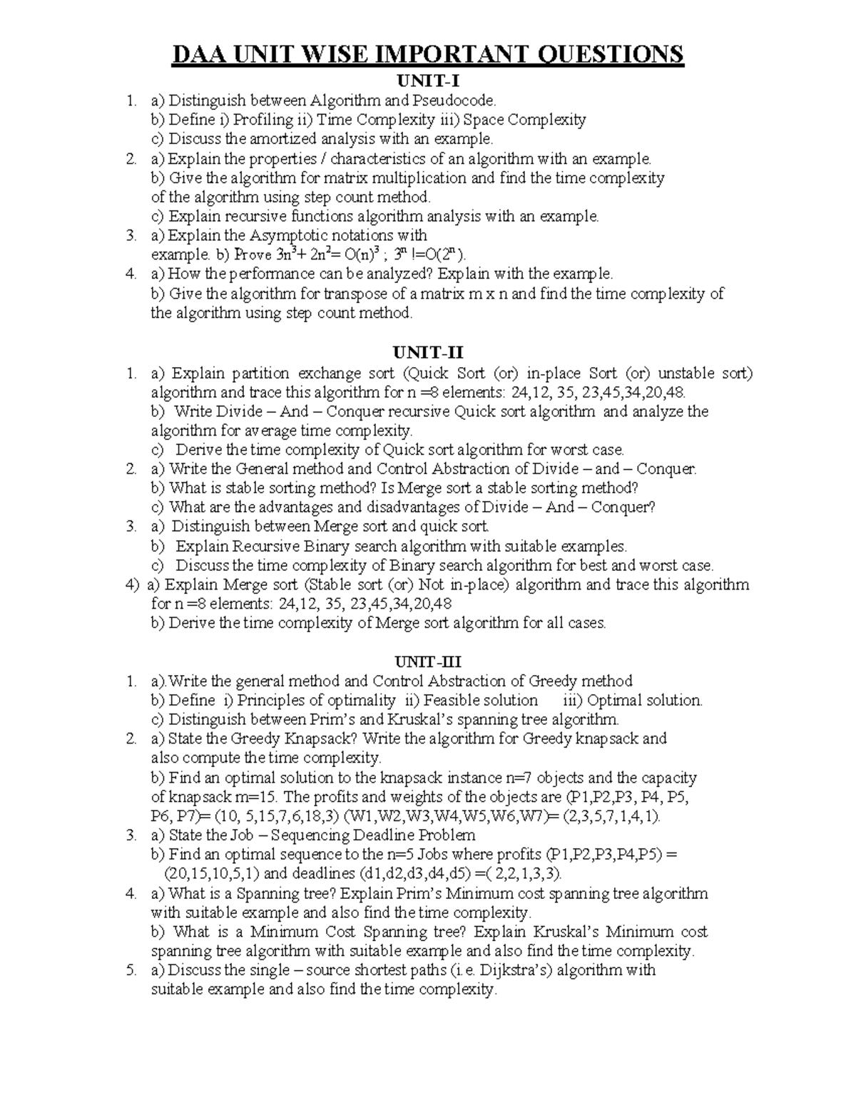 Important-questions-DAA - DAA UNIT WISE IMPORTANT QUESTIONS UNIT-I 1. a) Distinguish between ...