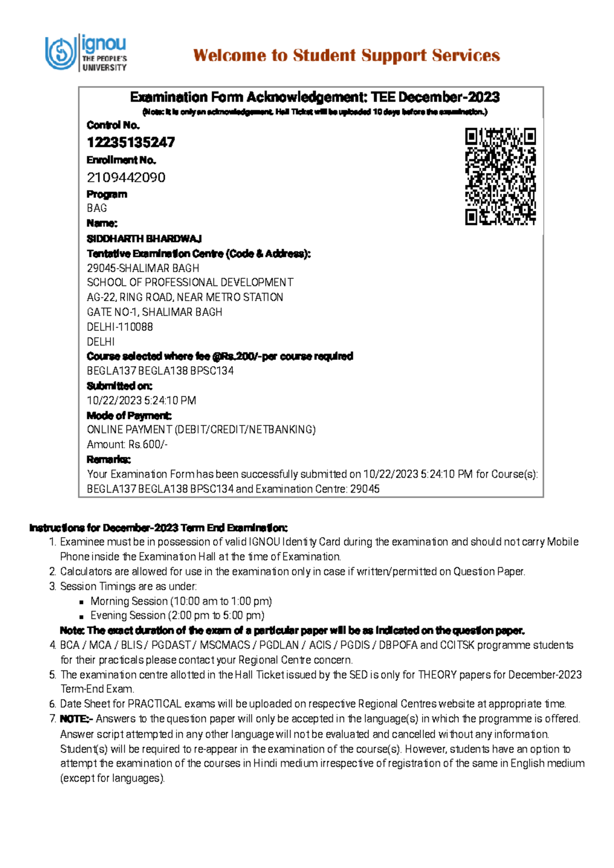 Ignou Examination Form Acknowledgement - Examination Form ...