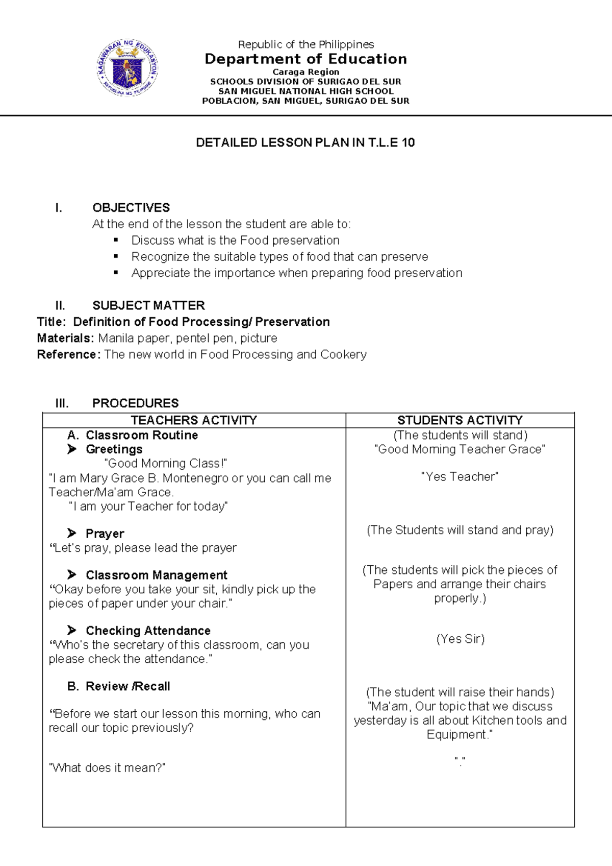 Detailed Lesson PLAN IN TLE-10 Mary Grace Montenegro 2 - Department of ...