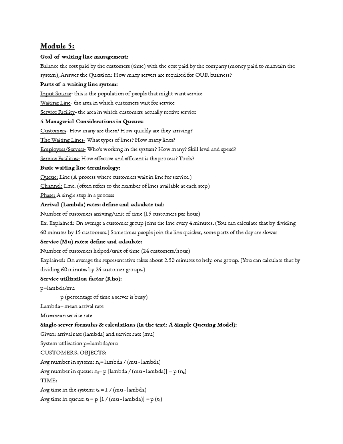 SCM TEST 2 Study Guide - Lecture notes 5-8 - Module 5: Goal of waiting ...