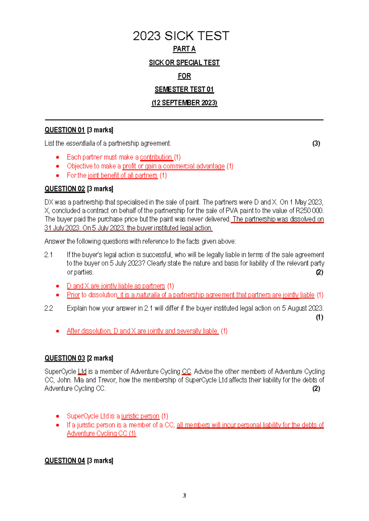 2023 SICK TEST - ODR sick test for 2023 with memo - PART A SICK OR ...