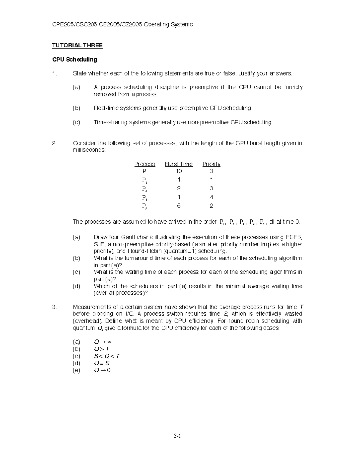 Tutorial 3 question - CPE205/CSC205 CE2005/CZ2005 Operating Systems TUTORIAL THREE CPU ...