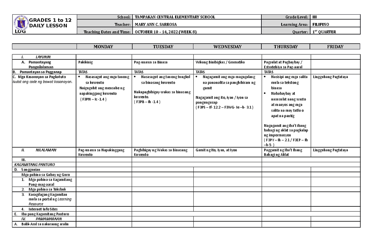 DLL Filipino-3 Q1 W8 - GRADES 1 to 12 DAILY LESSON LOG School: TAMPAKAN ...