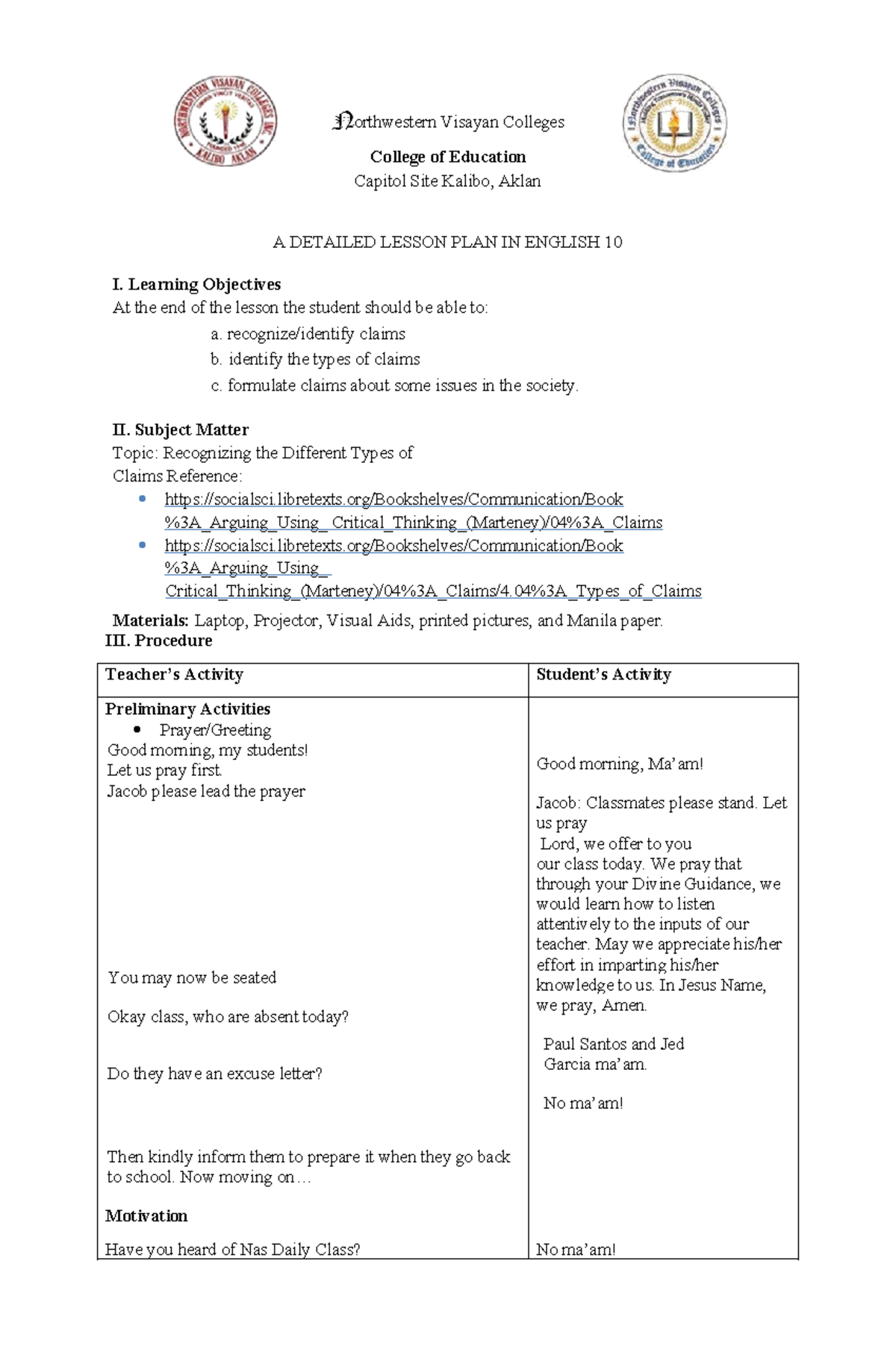 Claims - Lesson plan - orthwestern Visayan Colleges College of ...