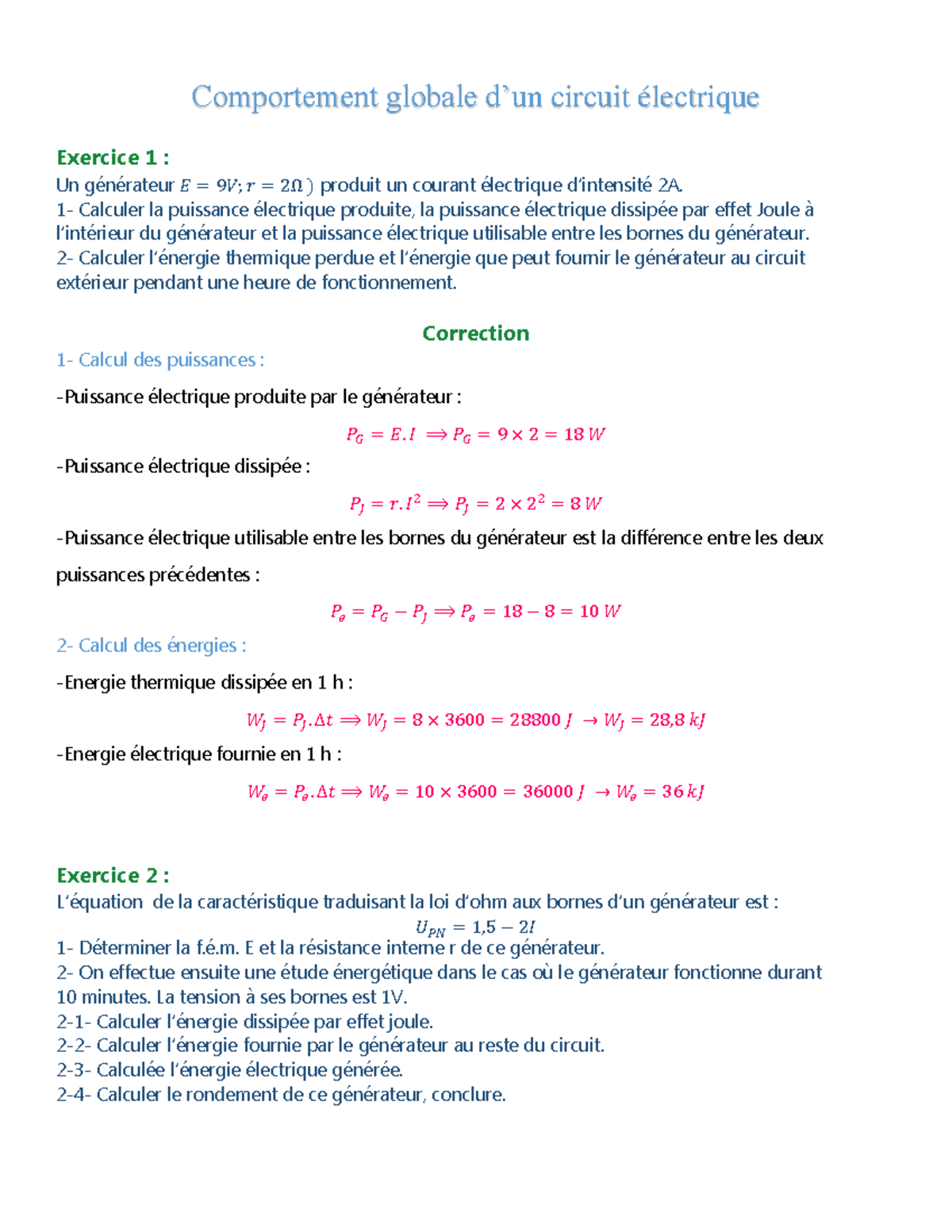 Comportement global d un circuit electrique exercices corriges 1 3 - Comportement globale d’un ...